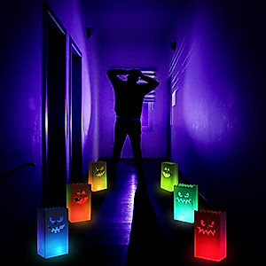 Fainne 24 Pcs Halloween Pumpkin Silhouette Luminary Paper Bags Jack O Lantern Bags Flame Resistant Candle Bag Halloween Candle Holder Bag with 24 Colorful LED Light Pumpkin Tealight for Halloween