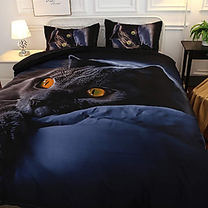 Heave 4Piece Dark Night Black Cat King Duvet Cover Set 3D Oil Animal Printed Bedding Queen Size Comforter Quilt Cover with 1 Flat Sheet and 2 Pillowcase