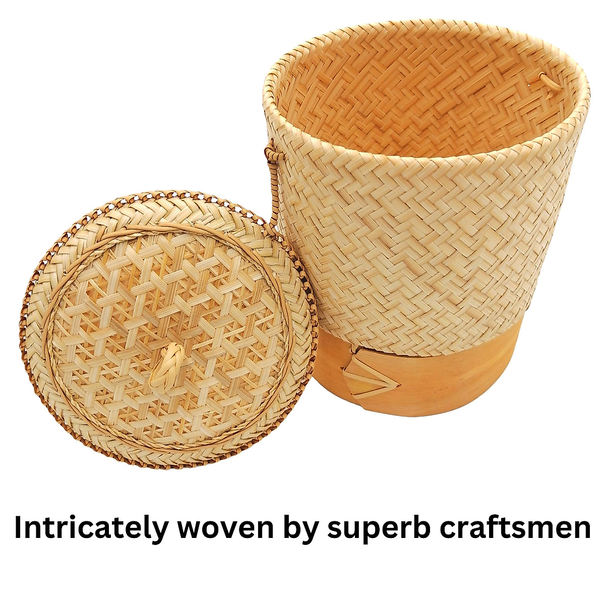 Bamboo Sticky Rice Serving Basket 6.5 x 5.5 Inch, Kratip, Intricately Woven Container, Cylinder-Shaped with a Lid, Thailand Handmade, Original Natural Bamboo Color (Original Natural Bamboo Color)