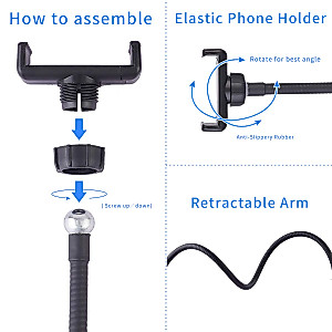 Tranesca Selfie Ring Light with Cell Phone Holder Stand for Live Stream/Makeup, LED Camera Lighting [3-Light Mode] with Flexible Arms Compatible with Cell Phones and Camera (Black)