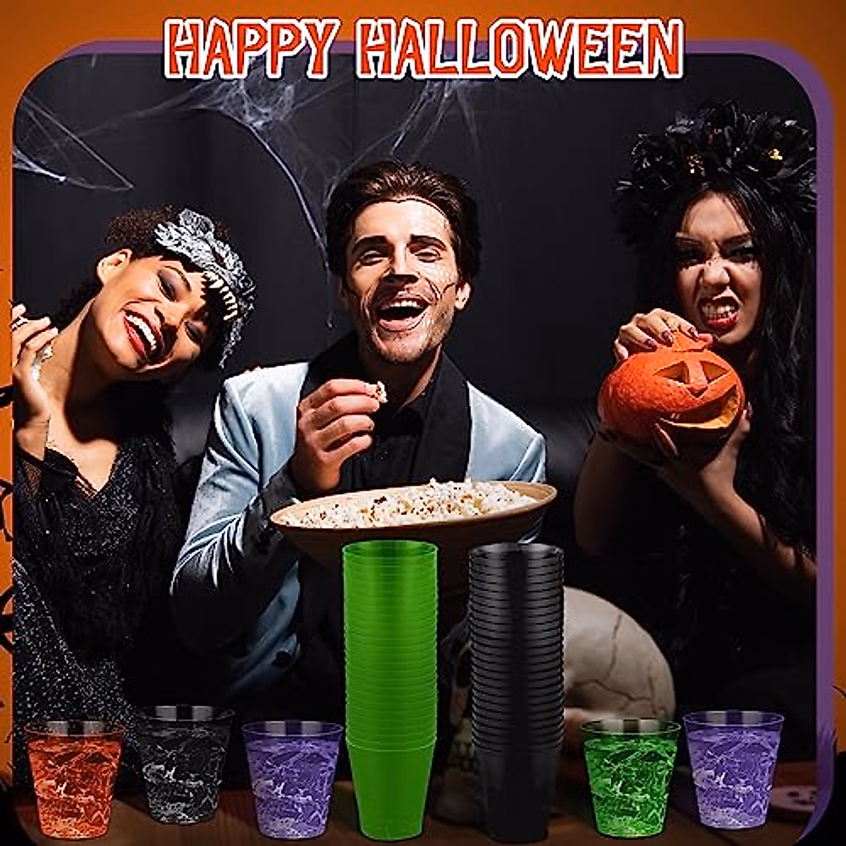 Sunnyray Halloween Plastic Shot Glasses Bulk 2 oz Clear Hard Plastic Disposable Cups Colorful Small Tasting Cups Disposable for Wine Whiskey Food Halloween Party Drinking Supplies (Classic,100 Pcs)