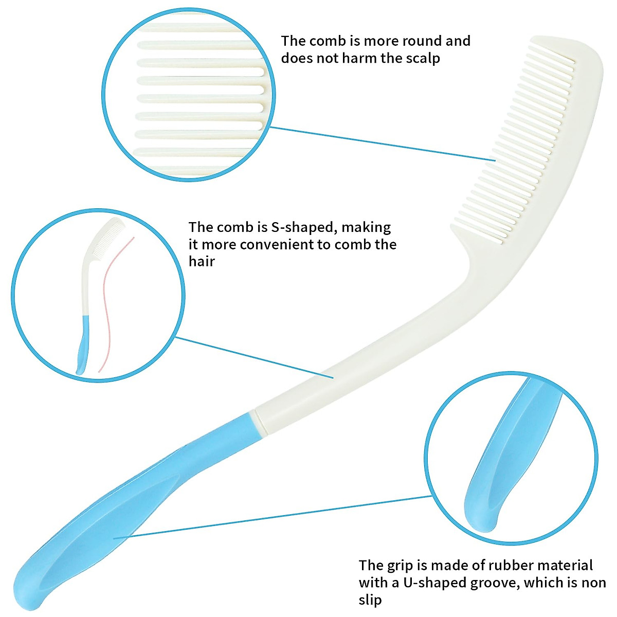 Kesywale Long Reach Handled Comb and Hair Brush Set for Elderly and Hand-Disabled People, Not Need to Lift Hand (Blue)