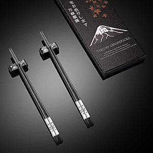 Metal Chopsticks Reusable 2 Pairs Titanium Plated 18/8 Stainless Steel Chopsticks with Holder, Dishwasher Safe Non-Slip Japanese Style Laser Engraved Chop Sticks Gift Set (Black)