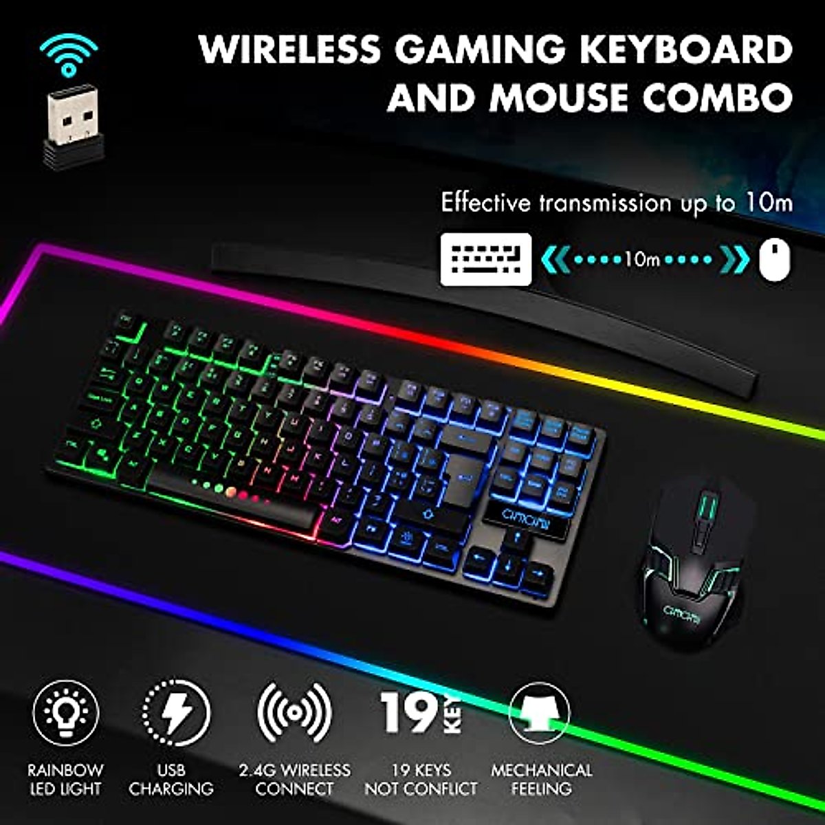 Gaming Wireless TKL Keyboard Mouse Combo Rechargeable LED Backlit Tenkeyless Compact 87 Keys 6 Button for Computer Laptop PS4 PS5 Switch Compatible with Windows XP/7/8/10 iMac MacBook Xbox one X
