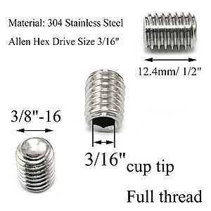 Socket Set Screws Pro Bamboo Kitchen 10pcs 3/8 in-16 X 1/2 in Set Screw 304 Stainless Steel Full Thread Cup Point Grub Screws Flat Point Hexagon Socket Set Screws