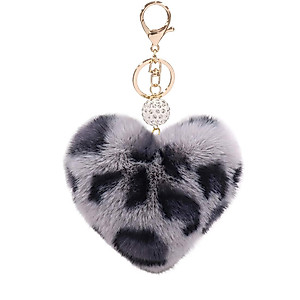 Women's Heart Faux Fur Pom Pom Key Chains Bag Accessory Puffball Keyring Backpack Charms for Girls(Leopard-grey)