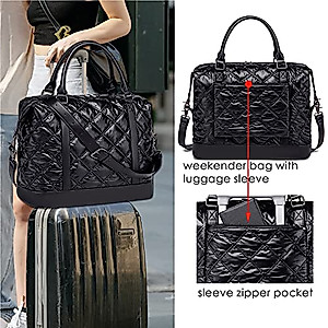 LEDAOU Weekender Travel Overnight Bag Women Ladies Quilted Carry On Tote Duffle Bag with Luggage Sleeve (Quilted Black)