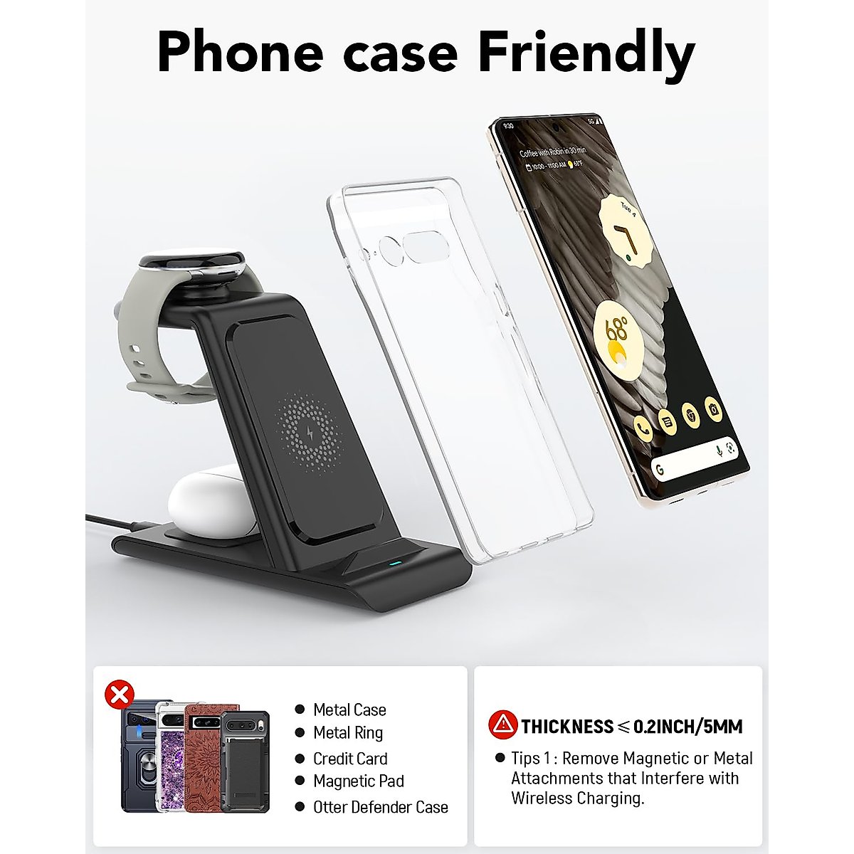 Upgraded 3 in 1 Wireless Charger Compatible with Google Pixel Watch 3/2, Pixel 9 Pro XL/9/8/7/7A/6 Pro, Pixel Buds Pro/2, Wireless Charging Station for Multiple Devices (Not for Pixel Watch 1)