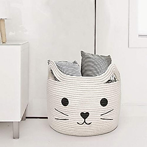 HiChen Large Woven Cotton Rope Storage Basket, Laundry Basket Organizer for Towels, Blanket, Toys, Clothes, Gifts | Pet Gift Basket for Cat, Dog - 15.7" L×11.8" H