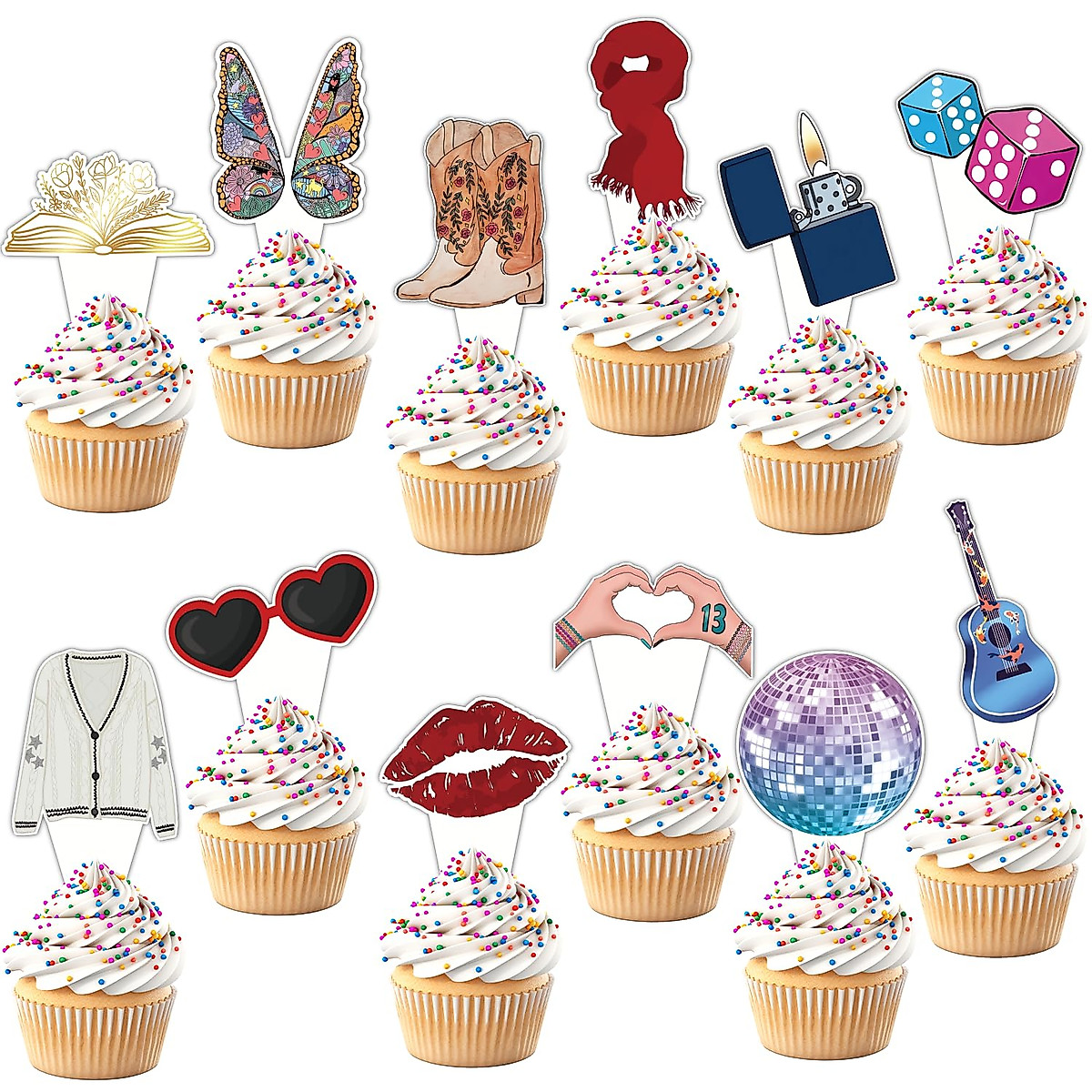 24 Pcs Popular Happy Birthday Era's Party Decorations Cupcake Toppers, Super Star Birthday Party Cake Decorations for Fans Celebration Party, Guitar Themed Party Supplies for Bachelorette Decorations