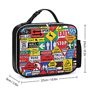 Road Traffic Sign Reusable Lunch Tote Bag Leather Thermal Box with Detachable Handle and Padded Liner for Office Picnic