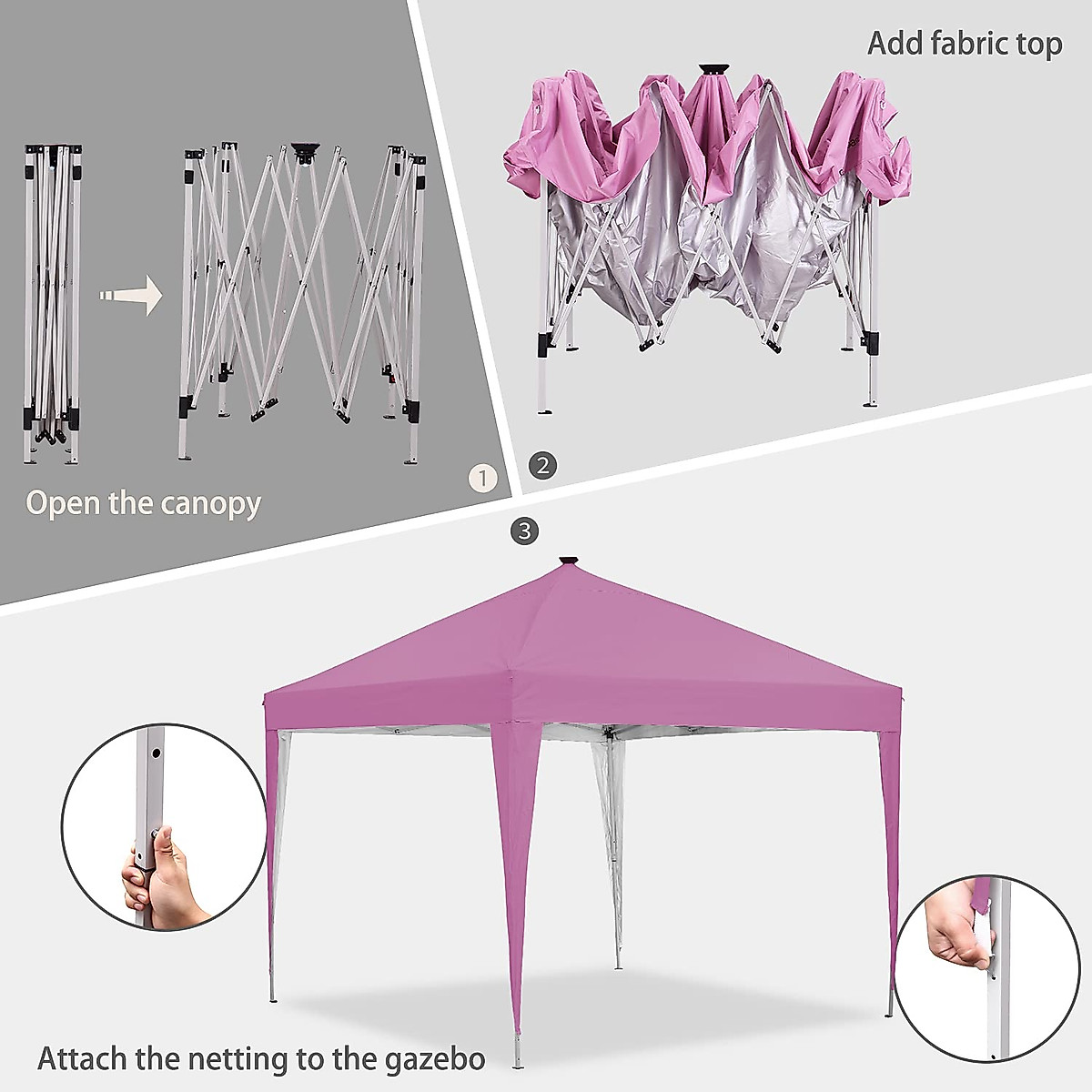 10 x 10 ft Pop-Up Canopy Tent Solar Power Led Light Portable Tailgating Party Tents Pink
