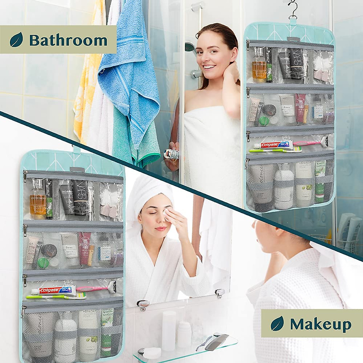 PAVILIA Hanging Toiletry Bag Women Men, Travel Kit Foldable Large Toiletries Organizer, Roll up Cosmetics Makeup Bag Accessories, Waterproof Essentials Jewelry Case (Teal Chevron)