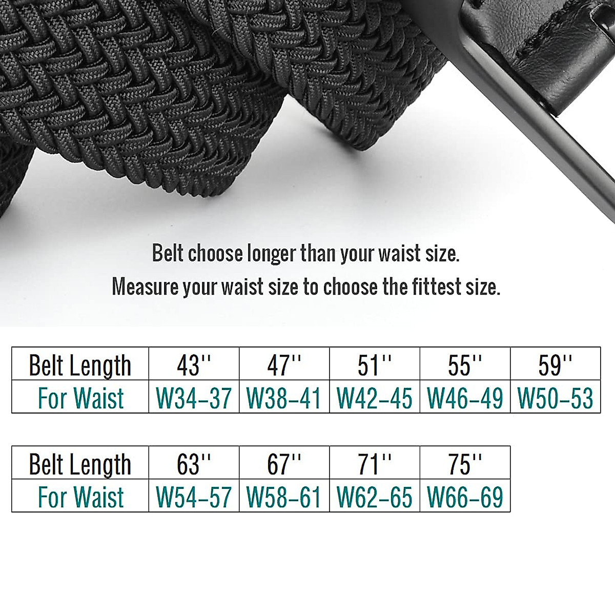 Drizzte Plus Size Mens Belt 63'' Casual Elastic Black Braided Stretchy Fabric Web Belts