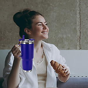 30oz Tumbler with Handle, Insulated Leak Proof Coffee Travel Mug with Straw Lid Double Wall Stainless Steel Vacuum Tumblers Metal Cup Keep Hot and Iced Drink for Gym, Office, Camping, Blue 1 Pack