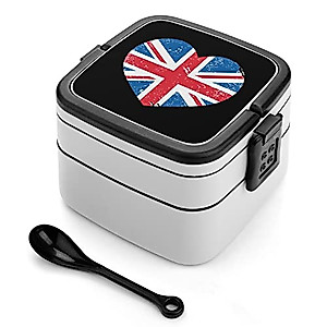 UK Great Britain Retro Heart Flag Lunch Box Portable Double-Layer Bento Box Large Capacity Lunch Container Food Container with Spoon