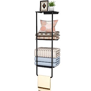LSK Wall Blanket Holder, 3 Tier Blanket Storage for Living Room, 40 Inch Blanket Wall Rack with Shelves, Towel Blanket Ladder with Blanket Bar for Hanging Small Blankets, Baby Quilts, Matte Black