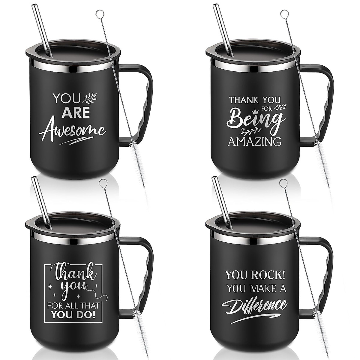 Sumind 6 Pcs Thank You Employee Appreciation Gifts Bulk 17 oz Inspirational Stainless Steel Coffee Mugs with Handle Lid Straw for Staff Employee Coworker Teacher Gifts(Black, 4 Pcs)
