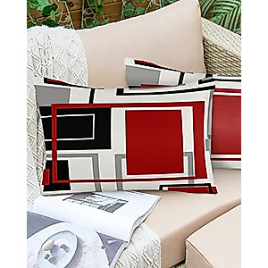 Red Gray Black Geometric Lumbar Pillow Covers 12 x 20 Inches, Modern Abstract Art Aesthetics Waterproof Throw Pillow Cover Set of 2, Decorative Rectangle Cushion Covers for Patio/Tent/Couch/Garden