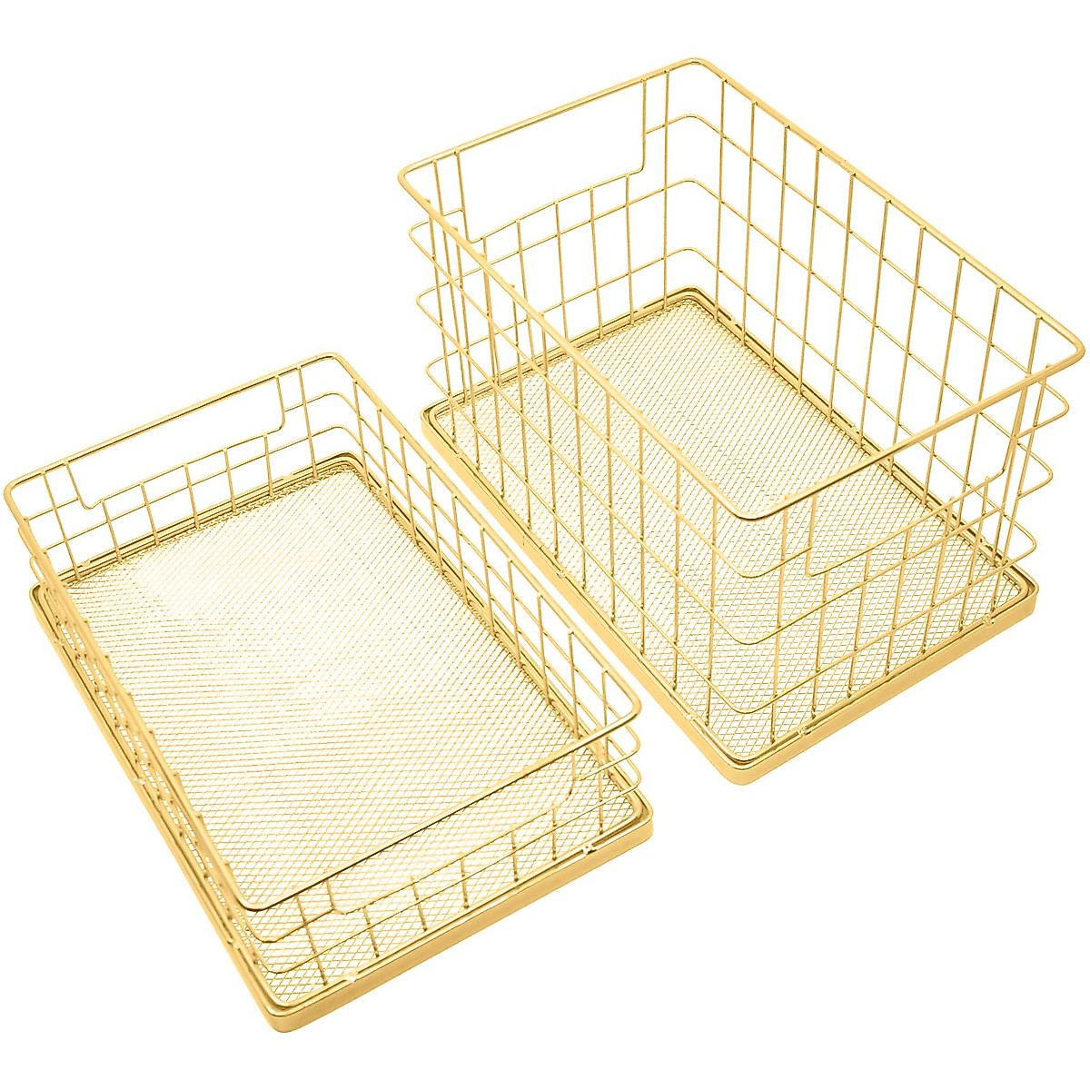 Set of 2 Stackable 10" Metal Wire Storage Basket Bins With Handles (Gold Woven Mesh Base)