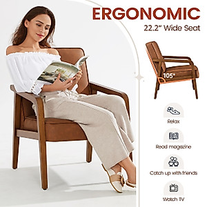 Yaheetech PU Leather Accent Chair, Mid-Century Modern Barrel Chair with Wooden Frame and Soft Thick Padded for Living Room Bedroom Home Office, Light Brown