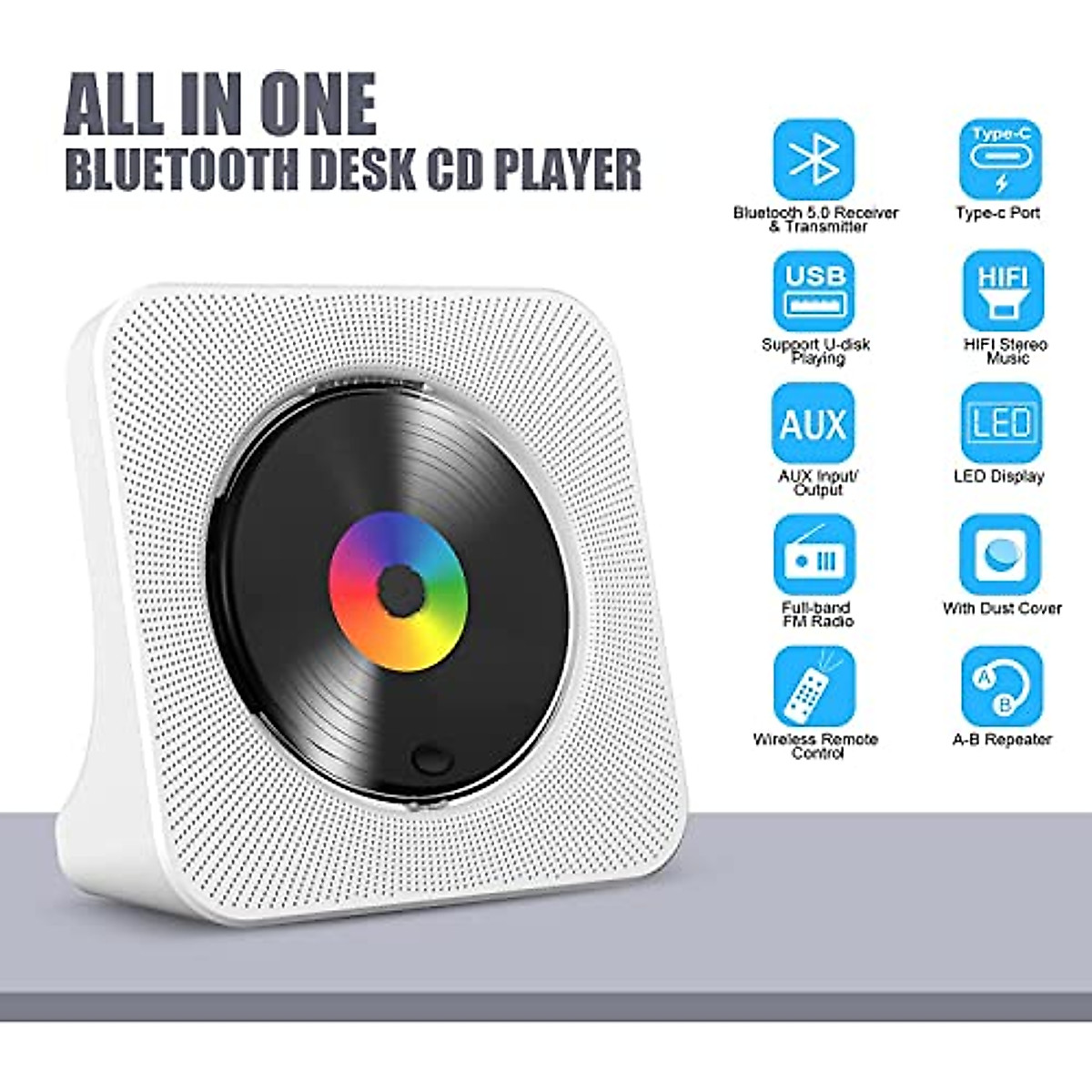Gueray CD Player Portable Bluetooth Desktop CD Player for Home CD Player with Timer Built-in HiFi Speakers with LCD Screen Display Home Audio Boombox FM Radio USB Type-c MP3 Music Player