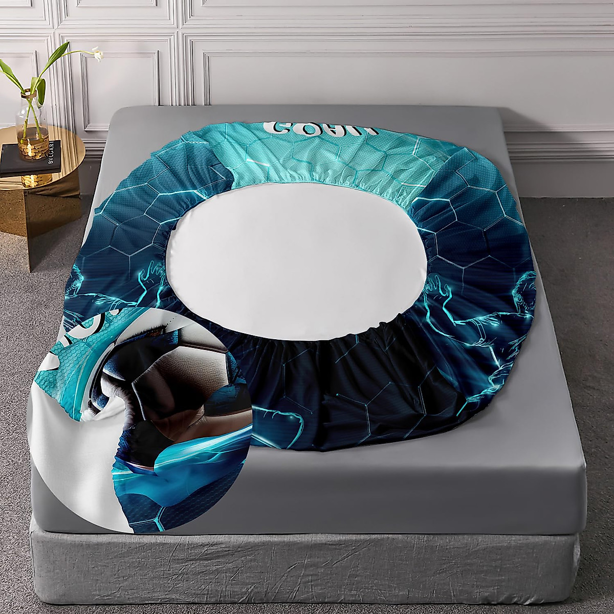 AILONEN Boys Soccer Printed Fitted Sheet Set Queen Size,Football Player Blue Bed Sheet Set,Sports Fitted Sheet with 2 Pillowcases,3 Piece Speed Soccer Bedding Set for Kids Teens Men