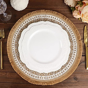 TABLECLOTHSFACTORY 4 Pack | Natural 15" Jute & White Print Fringe Placemats, Rustic Round Woven Burlap Tassel Table Mats