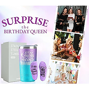 Onebttl Birthday Gifts for Women, Happy Birthday Tumbler for Her, Friends, 20 oz Insulated Cup with Funny Socks, Glitter Purple, Queens are Born in October