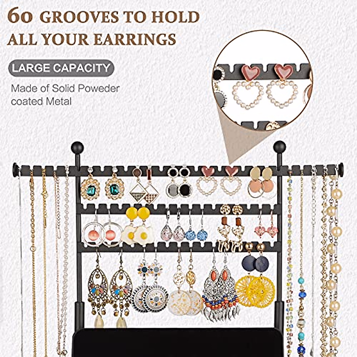 SOLIMINTR Jewelry Organizer, Jewelry Stand with Necklace Display Holder 3 Tier Earring Organizer Rustic Wood Base Tray with Ring Stand Jewelry Storage Tower for Women Girls Gift