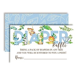 Watercolor Jungle Animals Diaper Raffle Tickets for Boy Baby Showers, 20 2" X 3” Double Sided Insert Cards for Games by AmandaCreation, Bring a Pack of Diapers to Win Favors & Prizes!