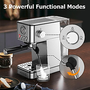 KOIOS Espresso Machines, Upgraded 1200W Espresso Maker with Foaming Steam Wand, 20 Bar Semi-Automatic Steam Espresso Coffee Maker for home, Cappuccino & Latte Machine with 58oz Removable Water Tank
