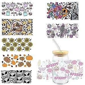 10 Sheets Halloween UV DTF Transfer Sticker 3D Cups Wraps Stickers for 16oz Libbey Glass Mug Waterproof Rub on Transfers Decal for Crafts