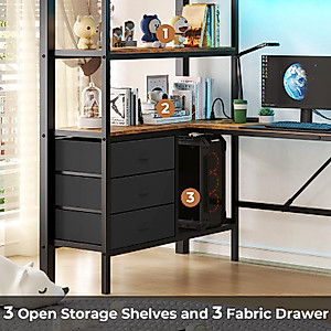 DICTAC Twin Metal Loft Bed with L-Shaped Desk, LED Lights,Charging Station LED Loft Bed Frame Twin Size with 3 Storage Shelves and 3 Fabric Drawers, Safety Guard & Ladder, No Box Spring Needed, Black