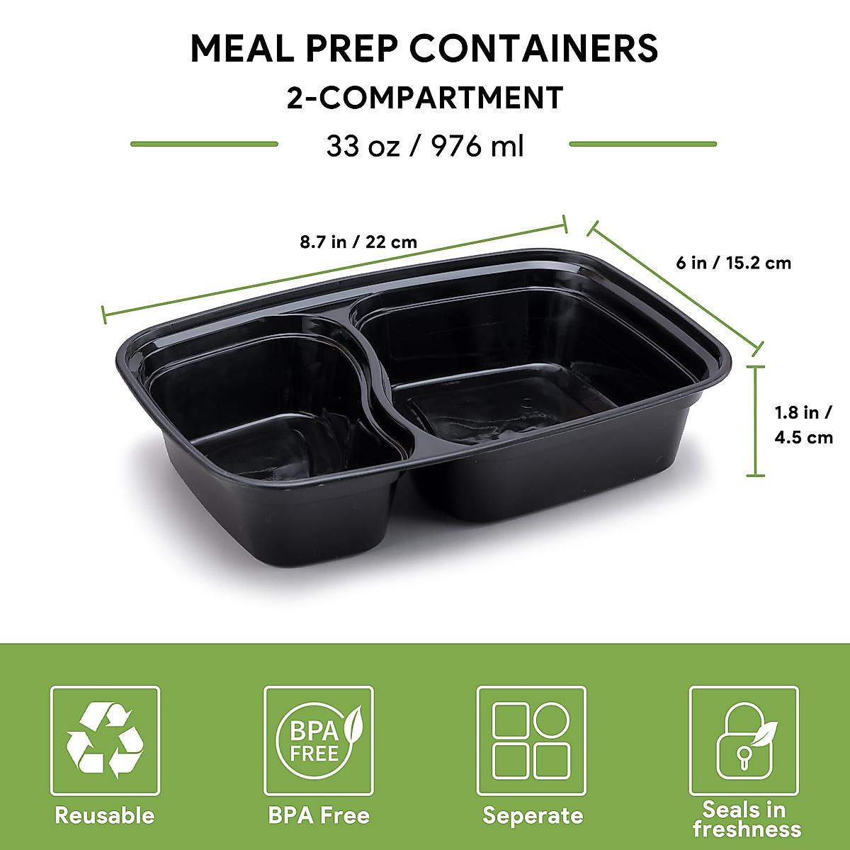 Meal Prep Containers Reusable [20 pack] 33oz 2 compartment Food Storage Containers with Lids Bento Box BPA-free Plastic Lunch Container, Microwave, Freezer, Dishwasher Safe Disposable Take Out Boxes