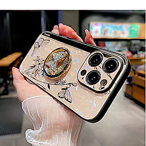 Topwin iPhone 14 Pro 6.1'' Kickstand Case, Cute 3D Butterfly Bling Glitter Marble Elegant Rhinestone Diamond Hard Back Soft TPU Bumper Cover for Girls for Apple iPhone 14 Pro 6.1 2022 (Rose Gold)