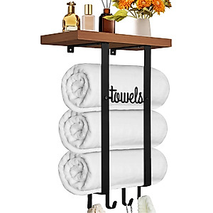 Towel Holder Bathroom Storage with Wooden Shelf and 4 Hooks Towel Rack Wall Mounted for Rolled Towels Towel Organizer for Narrow Bathroom Accessories and Decor