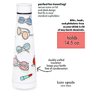Kate Spade New York White Insulated Stainless Steel Water Bottle, 14.5 Ounce Slim Water Bottle, Double Wall Travel Tumbler with Lid, Sun's Out