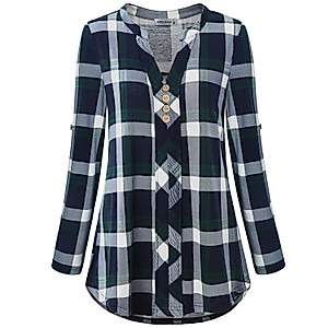 MOQIVGI Plaid Tops for Women Long Sleeve Button 3/4 Blouse Split V Neck Classic Tartan Patterned Sweatshirt Tunic Henley Boutique Shirts Blue Green Large