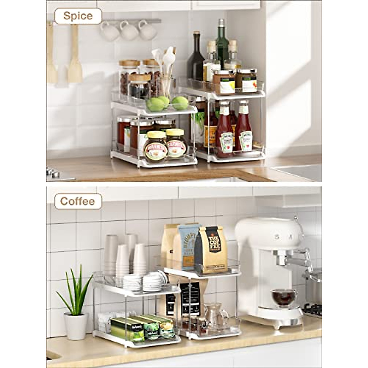 2 Tier Cabinet Organizers and Storage, 2 Pack Slide-Out Stackable Pantry Organization and Storage with Movable Dividers, Multi-Purpose Bathroom Organizer, Kitchen Organization and Storage, Countertop Vanity Medicine Organizer