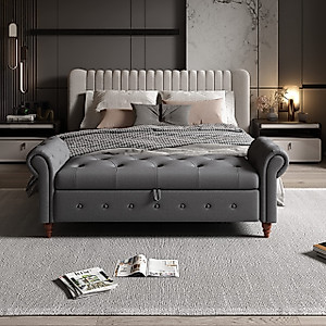 HANLIVES 63" End of Bed Bench,Button Tufted Storage Bench for Bedroom,Rolled Armed Linen Fabric Upholstered Window Bench Seat,Ottoman Bench with Solid Wood Legs for Entryway Living Room(Dark Grey)