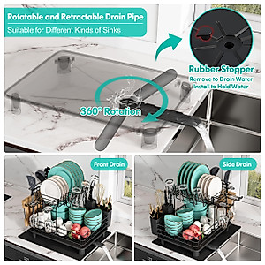 MAJALiS Kitchen Dish Drying Rack, 2 Tier Dish Drainer for Kitchen Counter, Stainless Steel Dish Strainer with Drain Board, for Dishes, Bowls, Cups, Knives, Forks, Cutting-Board, Spatula,Black