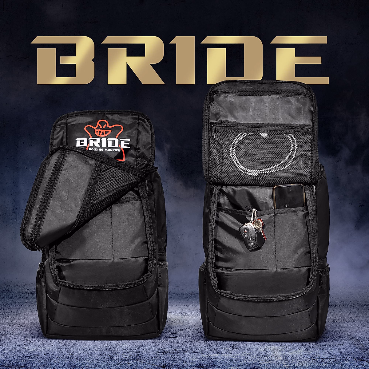 JDM LAB Spec R Bride Racing Fabric Large Capacity Everyday Backpack, Laptop Compartment, Water-Resistant, Casual Bookbag (Gradation/Black)