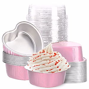 Aluminum Foil Cupcake Cup with Lids (40 Packs,3.4oz) Heart Shaped Cake Pans - Disposable Mini Cupcake Cup Flan Baking Cups for Valentine Mother's Day Wedding Xmas Birthday