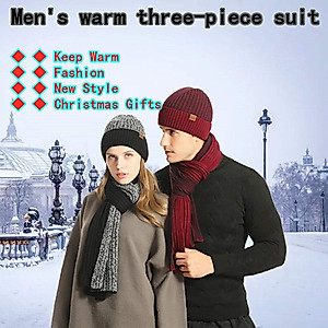 Winter Knit Beanie Hat Neck Warmer Scarf and Touch Screen Gloves Set 3 Pcs Fleece Lined Skull Cap for Men Women (black)
