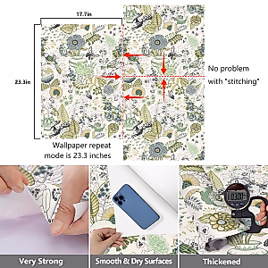 Wudnaye Floral Wallpaper Peel and Stick Wallpaper Floral Kitchen Wallpaper 17.7inch × 118.1inch Green Wallpaper Stick and Peel Wallpaper Plants Flower Wallpaper Decorative Contact Paper for Shelves