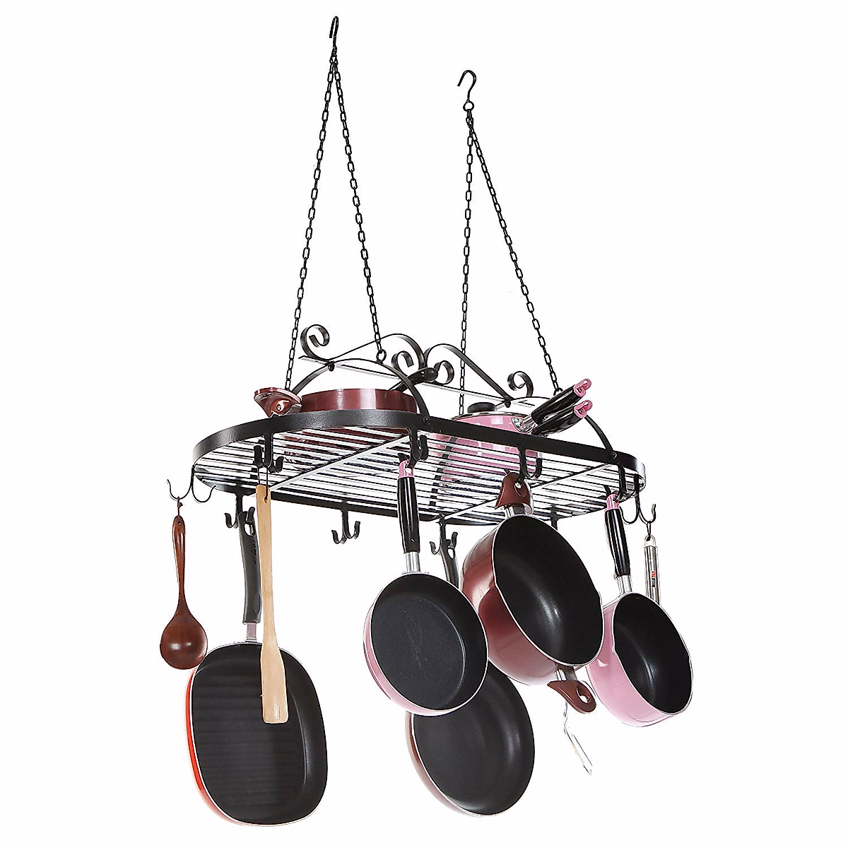MyGift Black Scrollwork Metal Pot and Pan Ceiling Hanging Rack Heavy Duty Cooking Pans and Utensil Hanger with 10 Dual Hooks