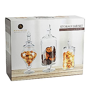 Mantello Glass Apothecary Jars with Lids- Set of 3 Jars for Candy Buffet - Apothecary Jars for Bathroom, Candy Bar, Kitchen, Large