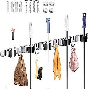 Zollyss Broom Mop Holder Wall Mount Stainless Steel Wall Mounted Storage Organizer Heavy Duty Tools Hanger with 5 Racks 4 Hooks for Kitchen Bathroom Closet Garage Office Garden-1Pc