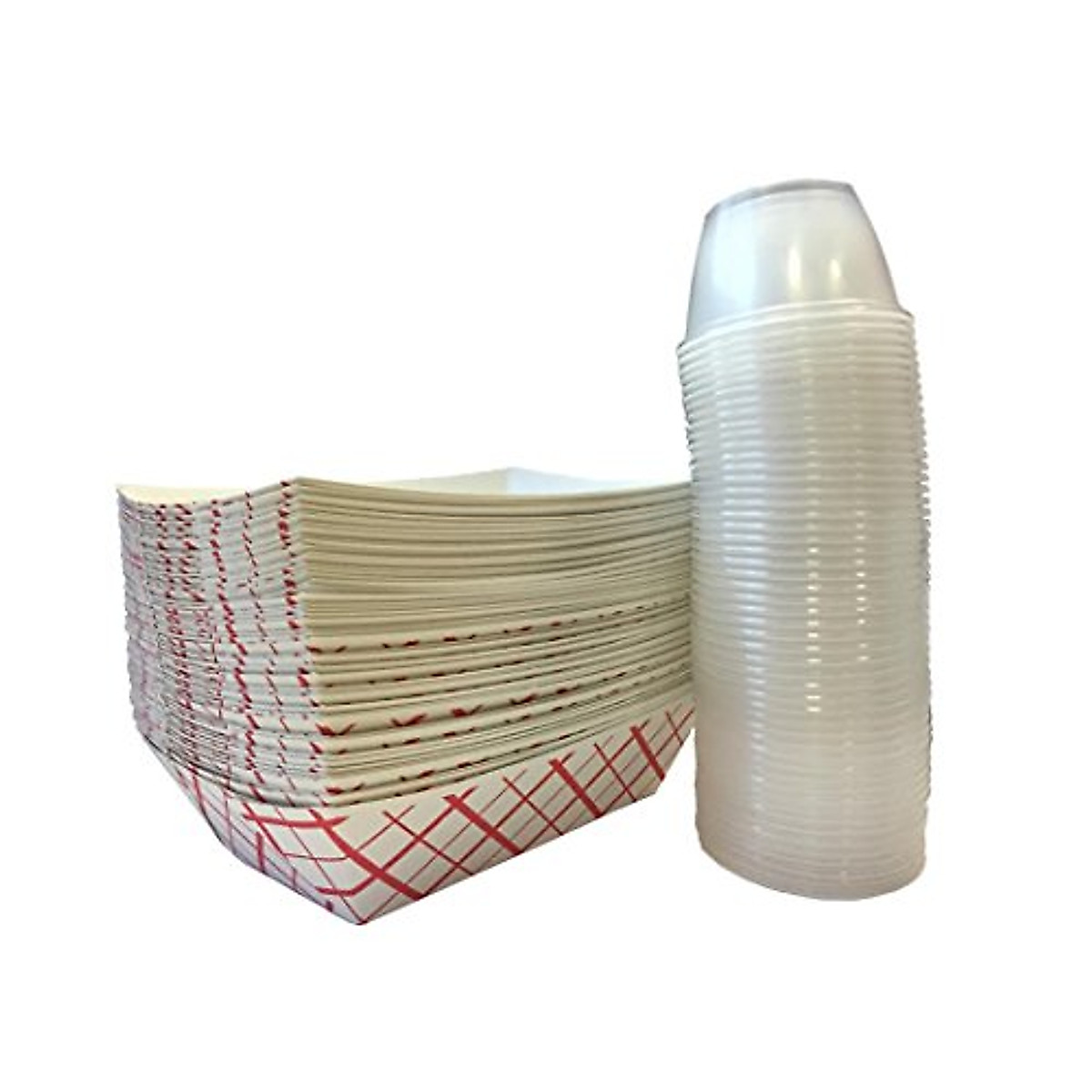 Mr Miracle 2.5 Pound Red White Plaid Paper Food Tray with Clear Plastic 4 Ounce Dip Cups. pack of 50 Sets of trays and Cups